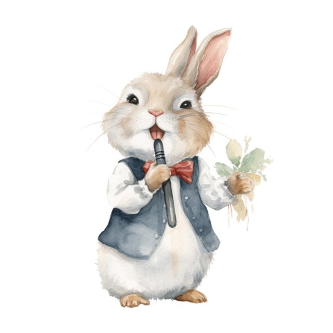 Cute Opera Singing Bunny Rabbit With Flowers Watercolor Clip Art 4 PNG ...