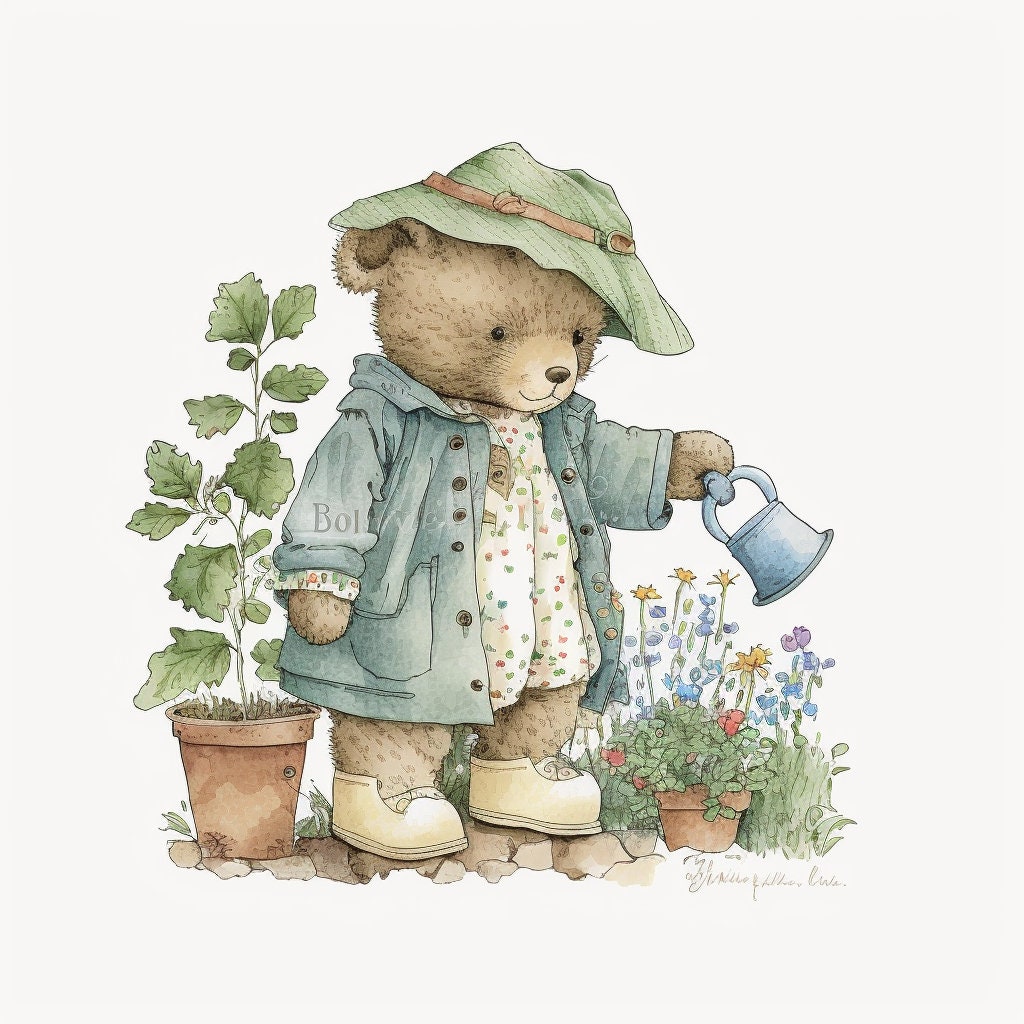Teddy Bear Gardening Clipart, 8 High Quality JPG Watercolor Art ...