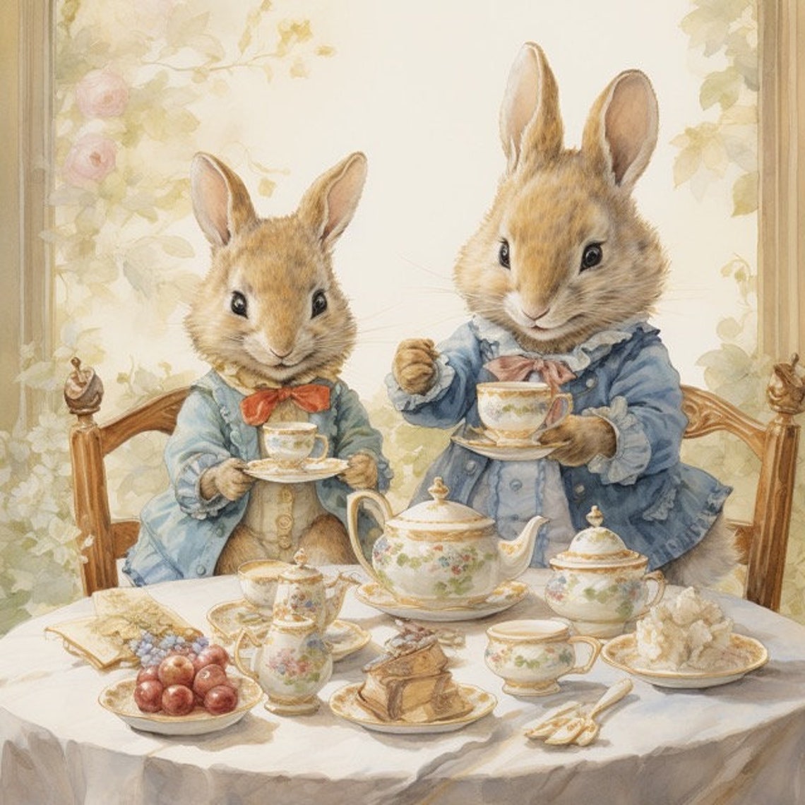 Bunny Rabbit Tea Time Watercolor Clip Art Sublimation Graphics 4 JPG ...