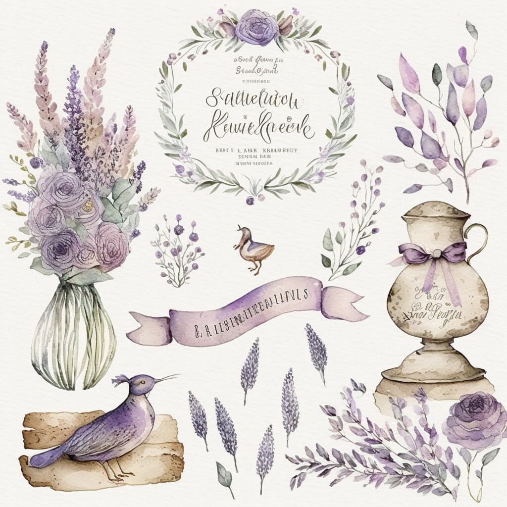 Watercolor Lavender Wedding Clip Art 8 Jpgs Card Making Mix - Etsy