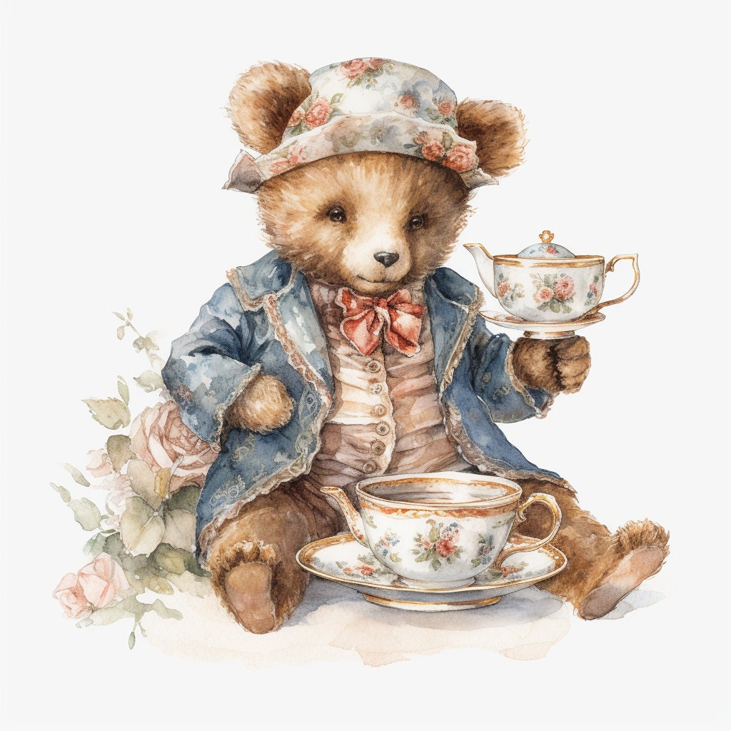 Teddy Bear Tea Time Watercolor Clipart 8 High Quality JPG - Etsy