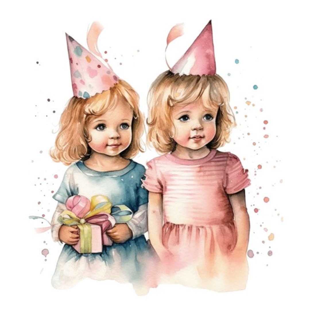 Twin Girls Birthday Card Watercolor Clip Art Sublimation Graphics 4 PNG ...