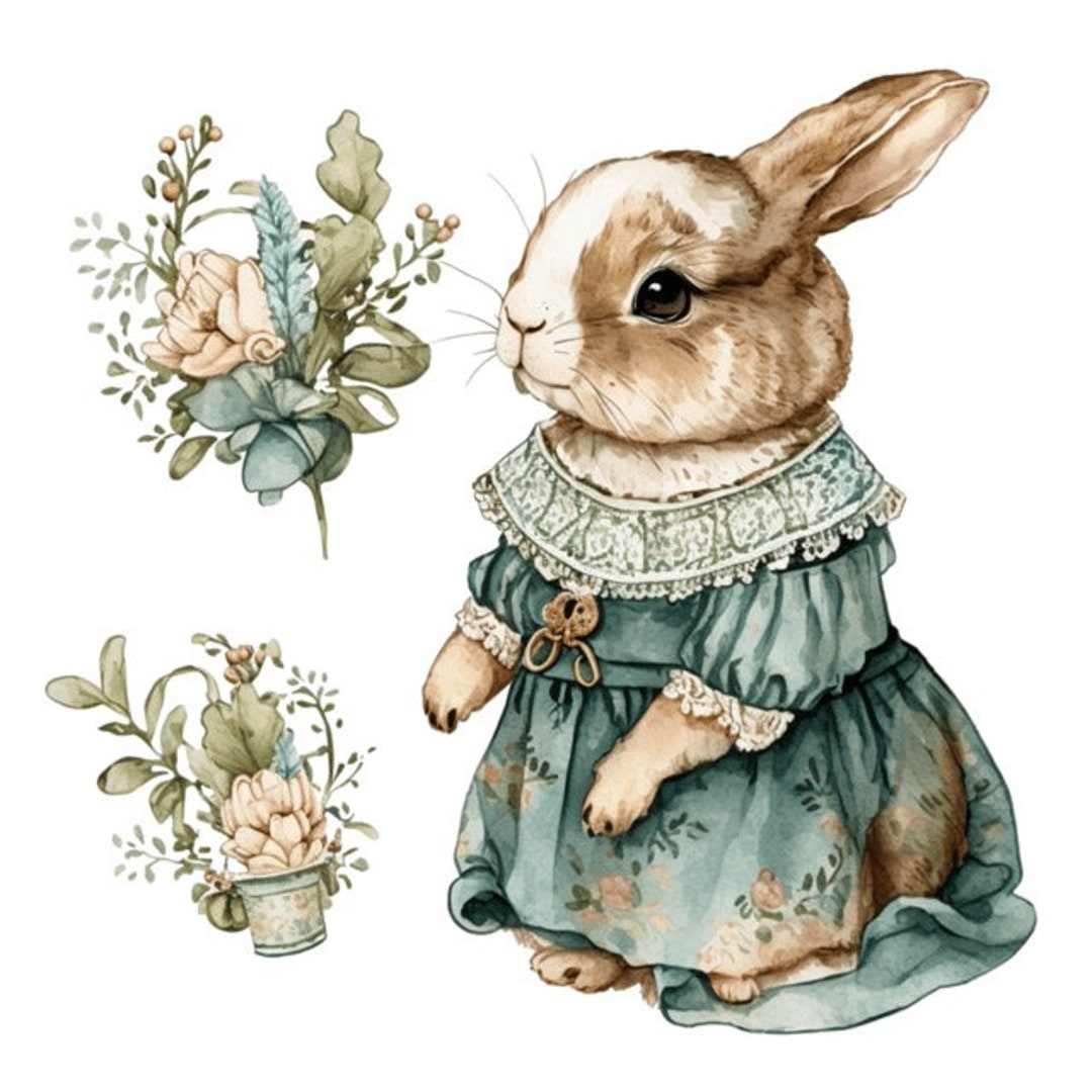 Baroque Bunny Rabbit Sublimation Graphics Watercolor Clip Art 14 PNG ...