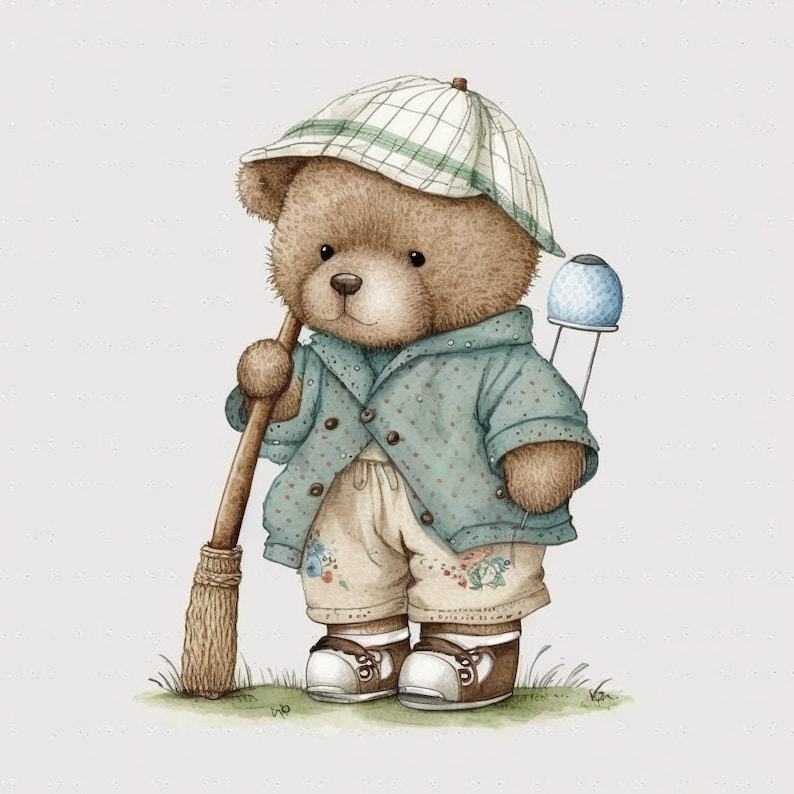 Teddy Bear Playing Golf Clipart, 8 High Quality JPG Watercolor Art ...