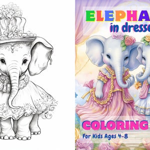 Children's Coloring Book - 50 PAGES Kids Ages 4-8: Elephants in Dresses ...