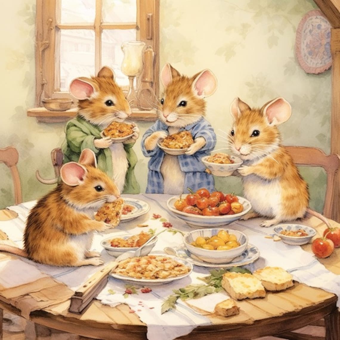 Mice Lunch Party Watercolor Clip Art 4 PNG Mix Media Card - Etsy