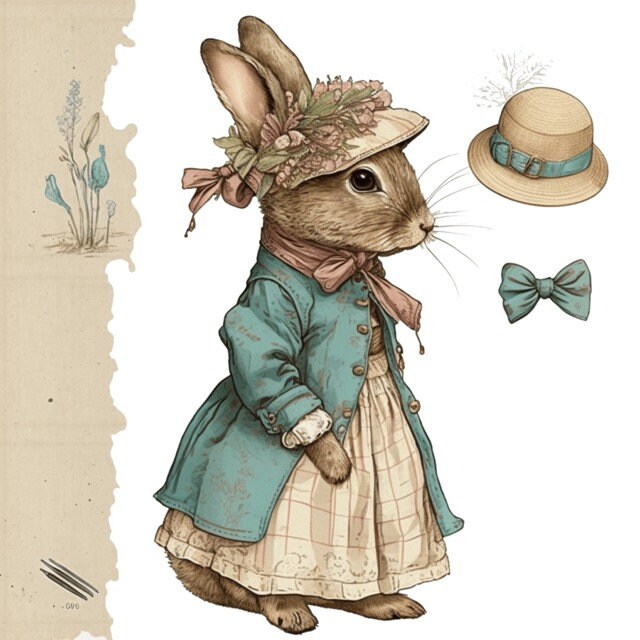 Vintage Bunny Rabbit Watercolor Clip Art Sublimation Graphics 4 PNG ...