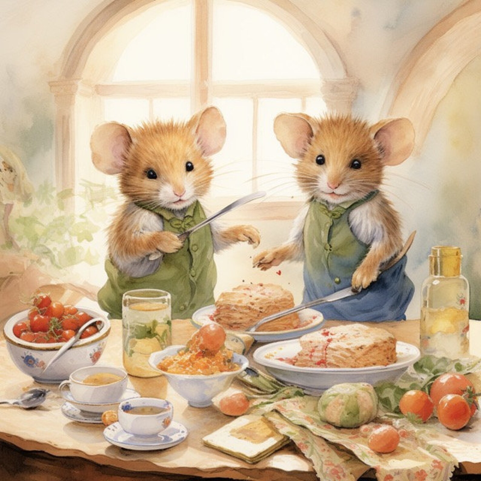 Mice Lunch Party Watercolor Clip Art 4 PNG Mix Media Card Making ...