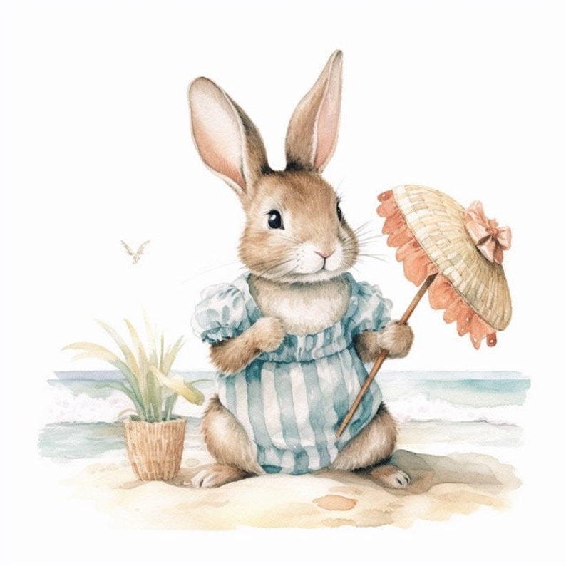 Bunny Rabbit on the Beach Coastal Clipart Clip Art 8 PNG Format Instant ...