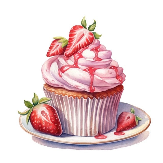 Strawberry Cupcake Watercolor Clip Art 4 High Quality PNG Transparent ...
