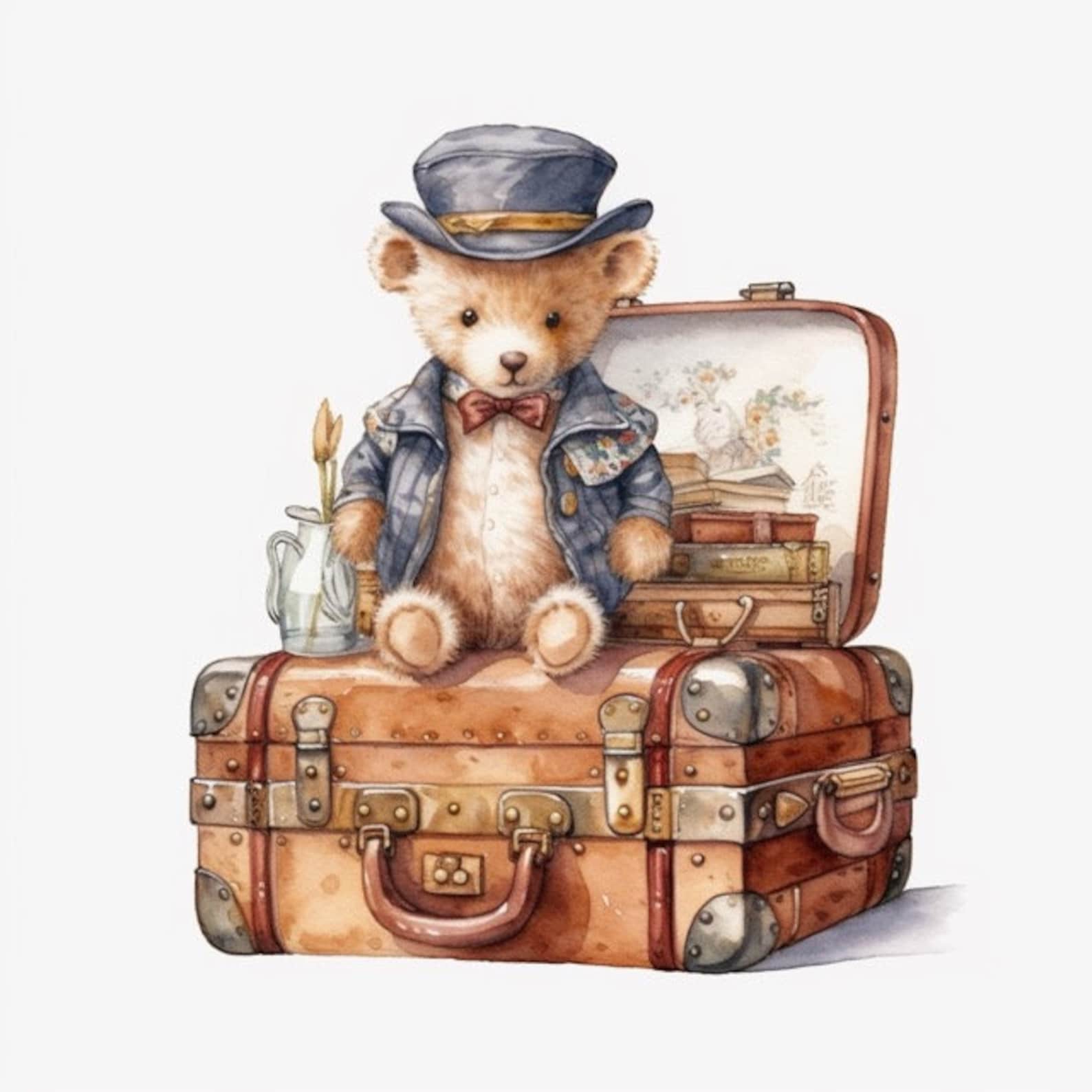 Traveling Teddy Bear Suitcase Watercolor Clipart 8 High Quality JPG ...
