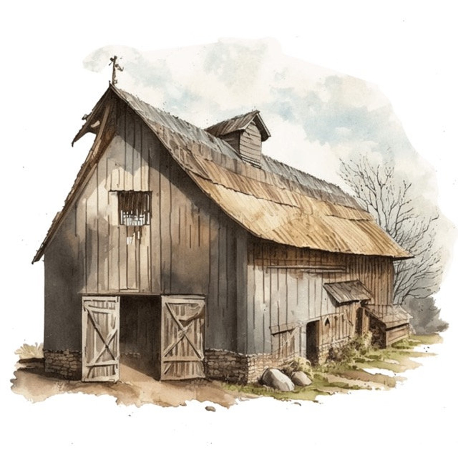 Old Antique Country Barn Watercolor Clipart Clip Art 4 High - Etsy