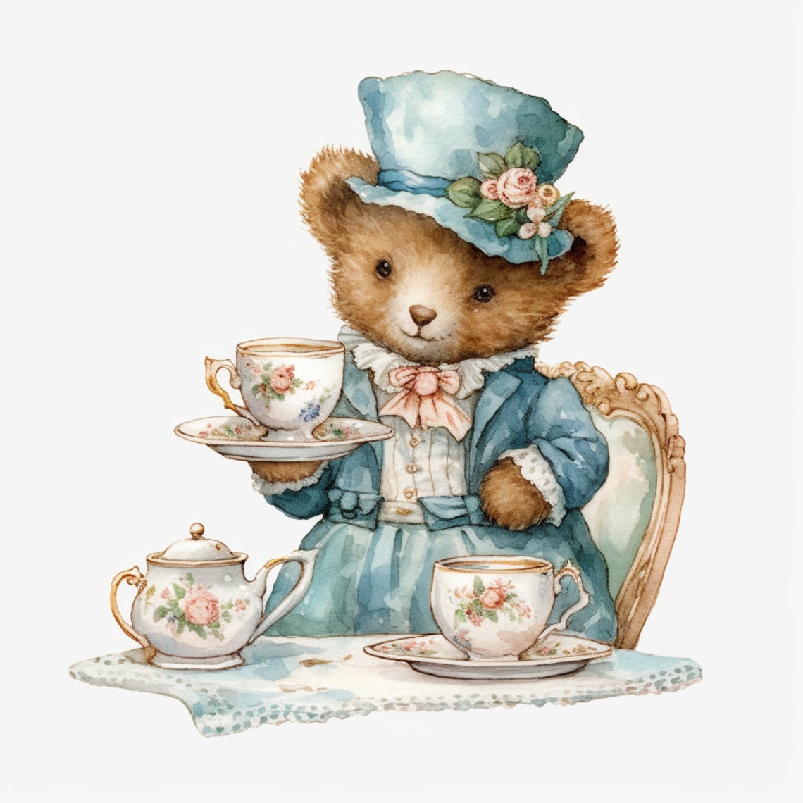 Teddy Bear Tea Time Watercolor Clipart 8 High Quality JPG - Etsy