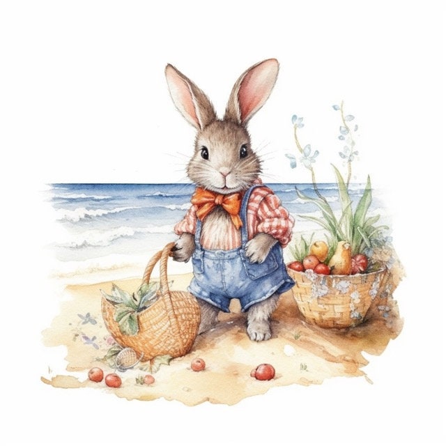 Bunny Rabbit on the Beach Coastal Clipart Clip Art 8 PNG Format Instant ...