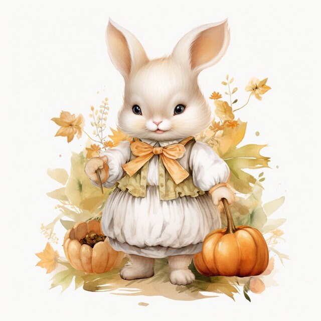Halloween Thanksgiving Pumpkin Bunny Rabbit Watercolor Clip Art 4 PNG ...
