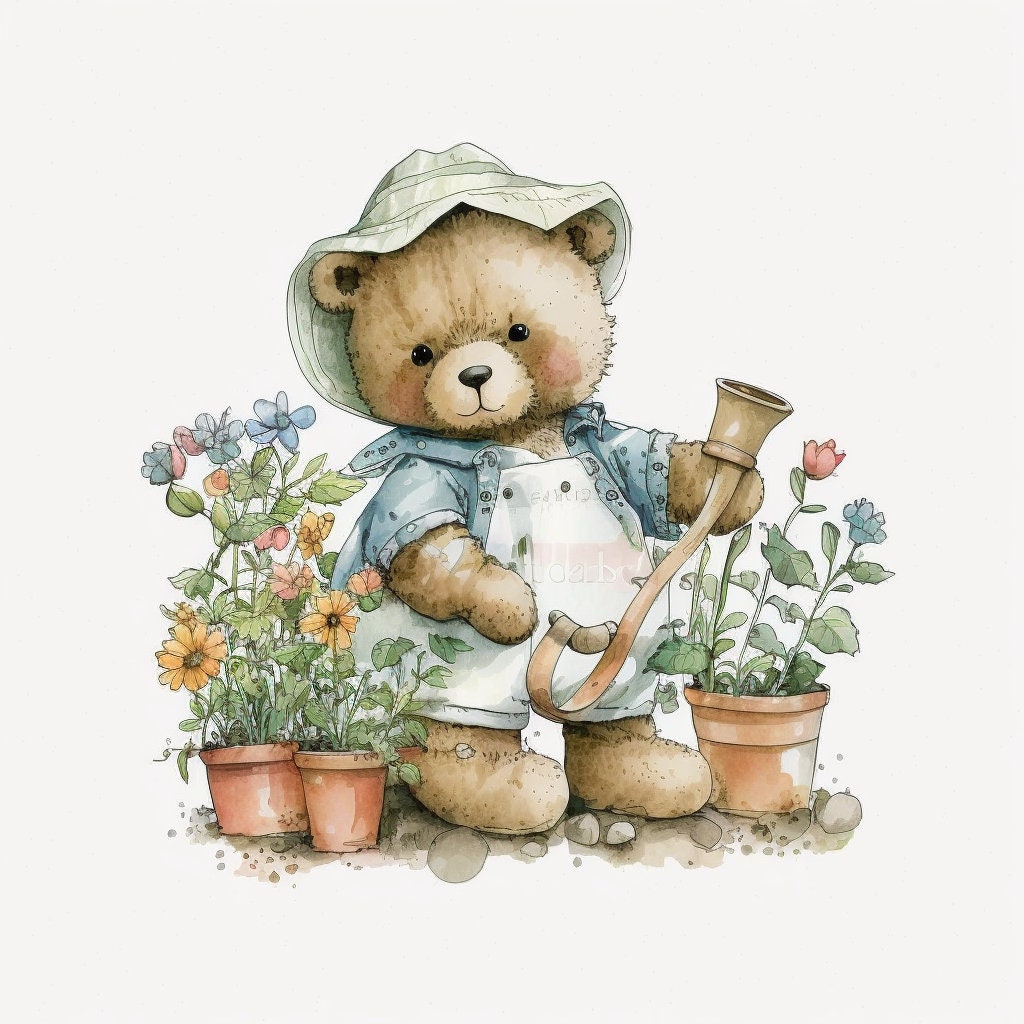 Teddy Bear Gardening Clipart, 8 High Quality JPG Watercolor Art ...