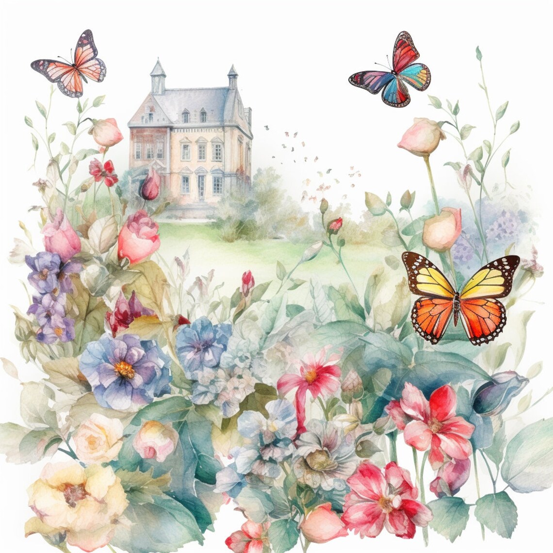 Summer Butterfly Garden Clipart, 8 High Quality JPG Watercolor Art ...