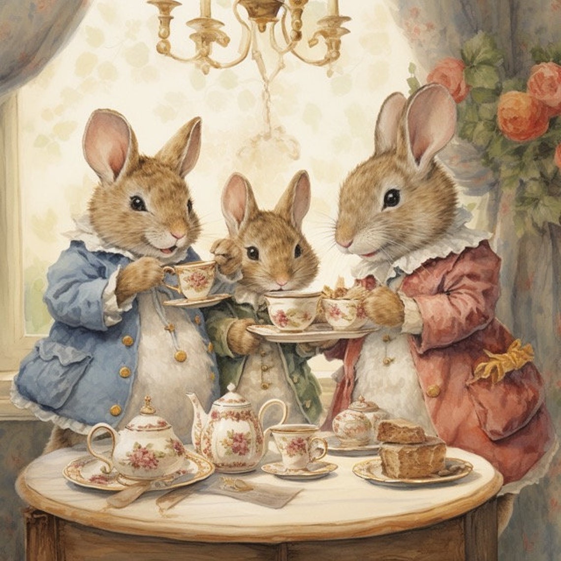 Bunny Rabbit Tea Time Watercolor Clip Art Sublimation Graphics 4 JPG ...