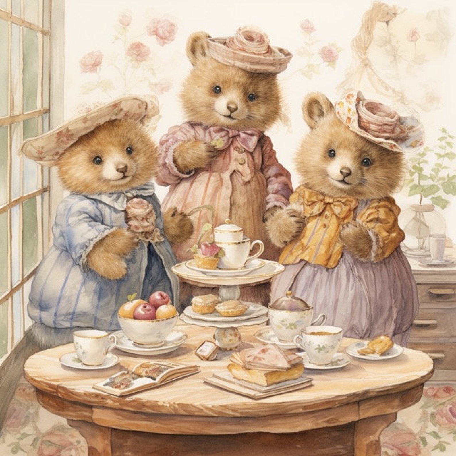 Teddy Bear Tea Time Watercolor Clip Art Sublimation Graphics 4 JPG ...