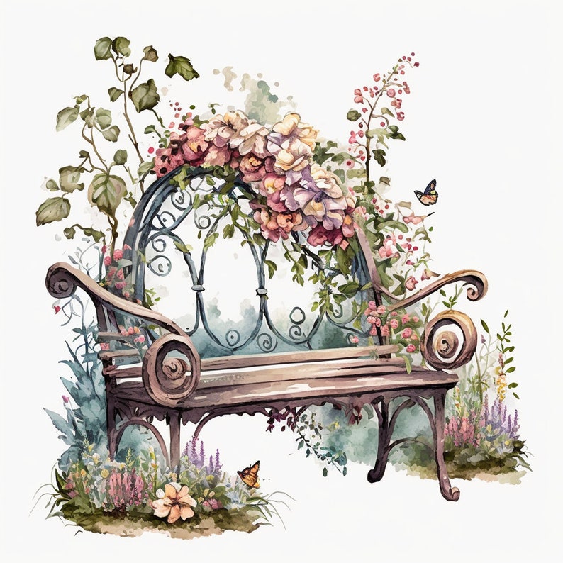Antique Benches Bench Clipart, 8 High Quality JPG Watercolor Art ...