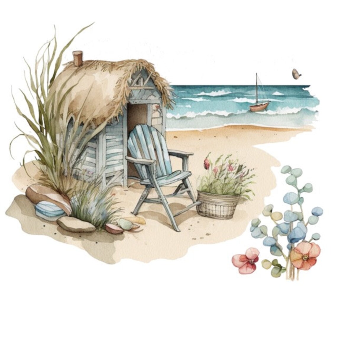 Coastal Beach Clipart, 8 High Quality JPG Watercolor Art, Digital ...