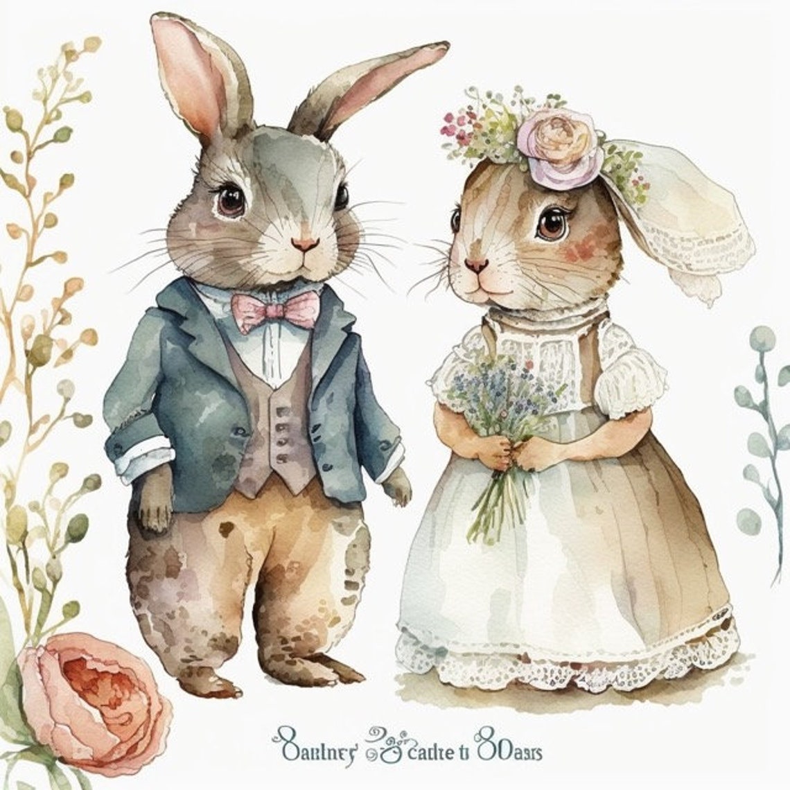 Cute Bunny Rabbit Bride and Groom Wedding Clipart Clip Art 4 PNG Transparent Card Making Mix ...