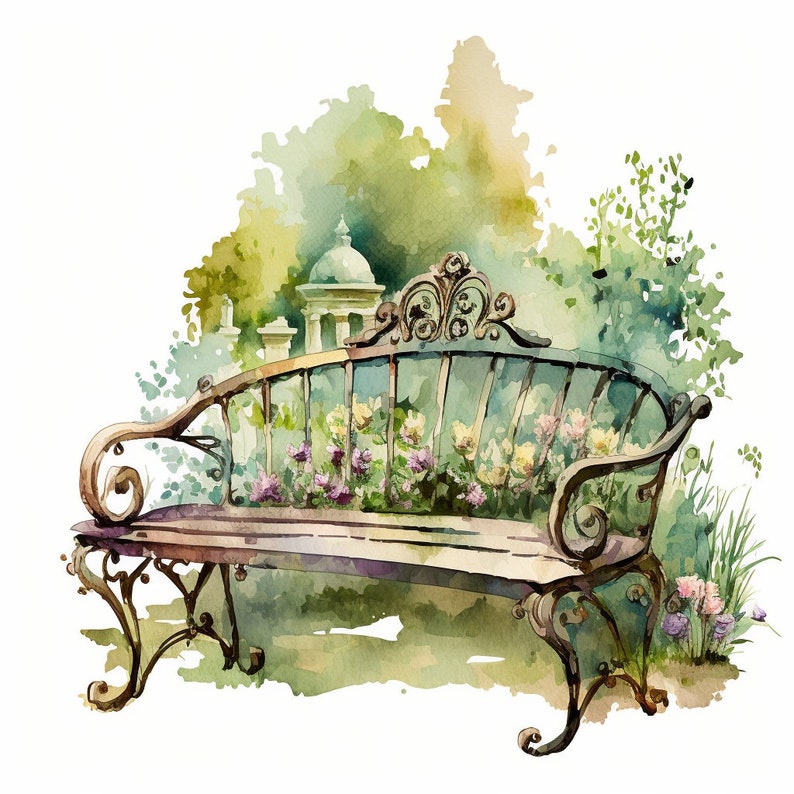 Antique Benches Bench Clipart 8 High Quality JPG Watercolor - Etsy