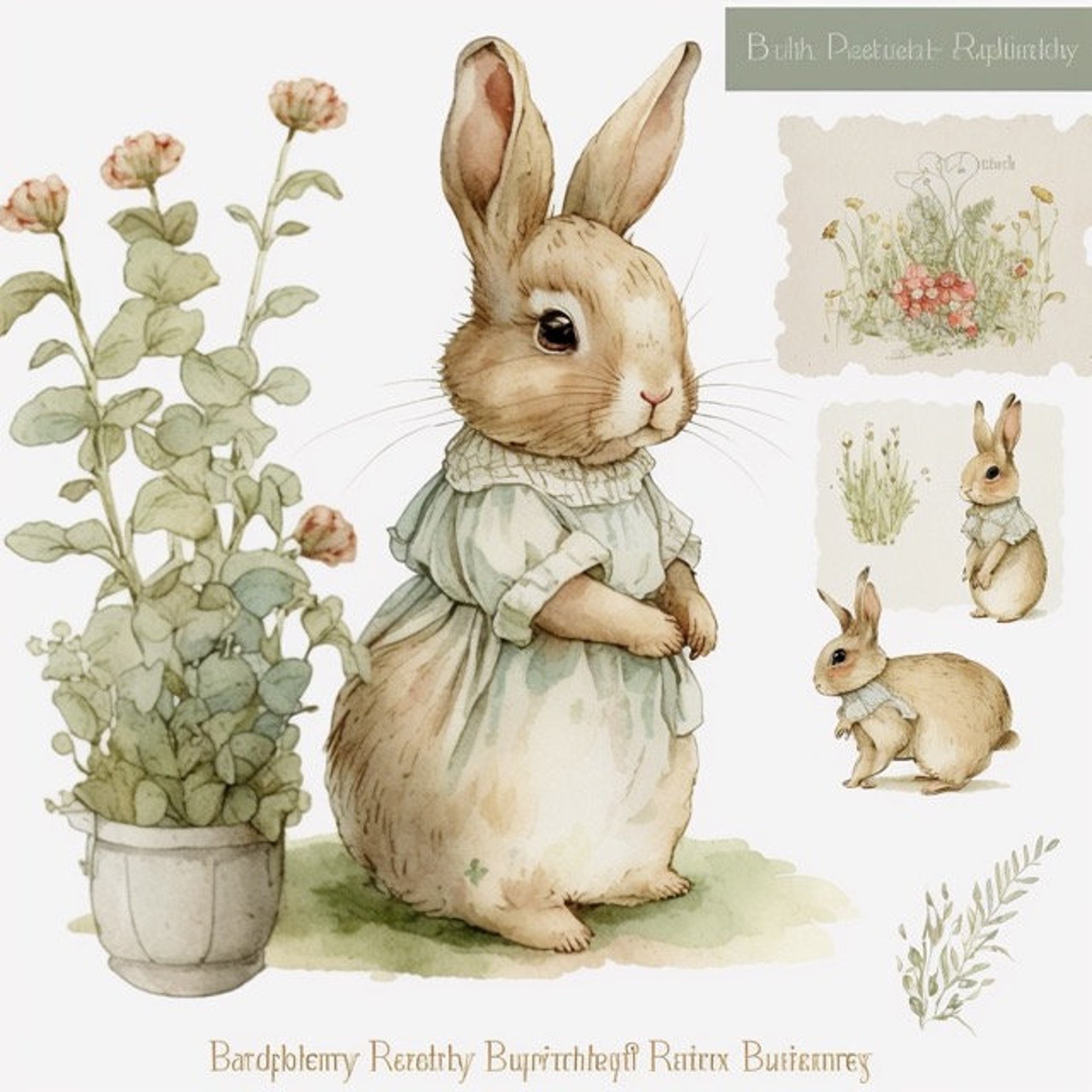 Bunny Rabbit Gardening Clipart 8 High Quality JPG Watercolor - Etsy