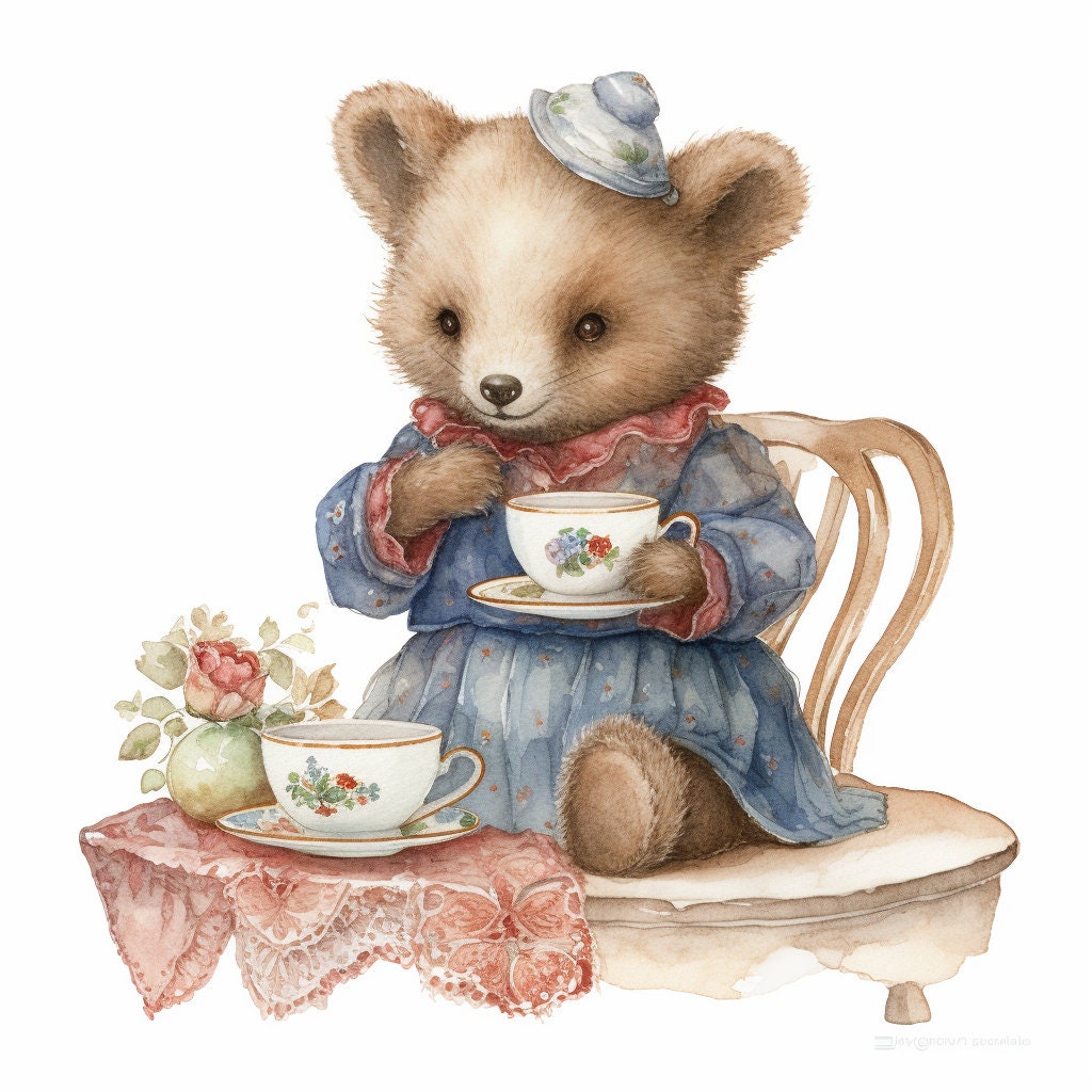 Teddy Bear Tea Time Watercolor Clipart 8 High Quality JPG Watercolor ...