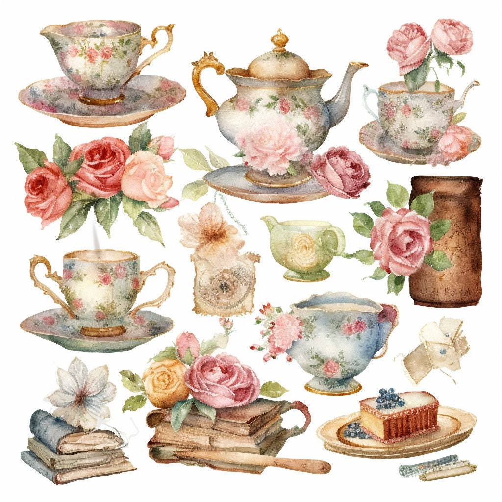 Tea Party Clipart 8 High Quality JPG Watercolor Art Digital - Etsy