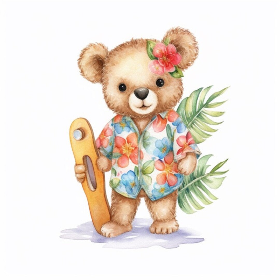 Teddy Bear in Hawaii Watercolor Clipart 8 High Quality JPG, Digital ...