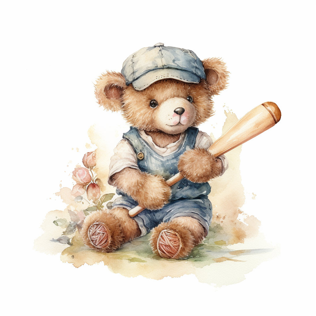 Teddy Bear Playing Baseball Clipart 8 High Quality JPG Watercolor Art ...