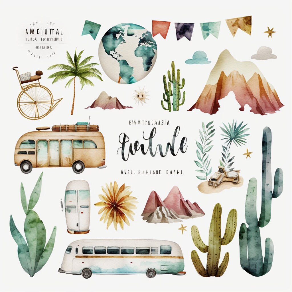 Travel Watercolor Clipart 8 High Quality JPG Watercolor Art - Etsy