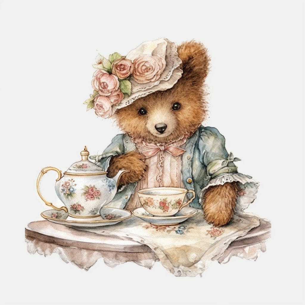 Teddy Bear Tea Time Watercolor Clipart 8 High Quality JPG - Etsy