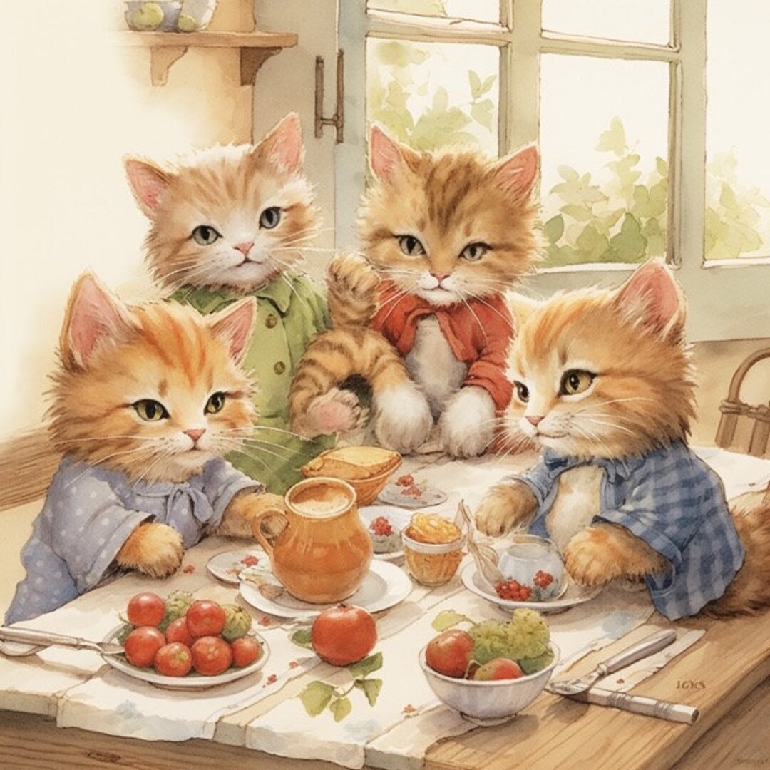 Kittens Having Lunch Watercolor Clip Art 4 PNG Mix Media Card Making ...