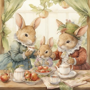 Bunny Rabbit Tea Time Watercolor Clip Art Sublimation Graphics 4 JPG ...