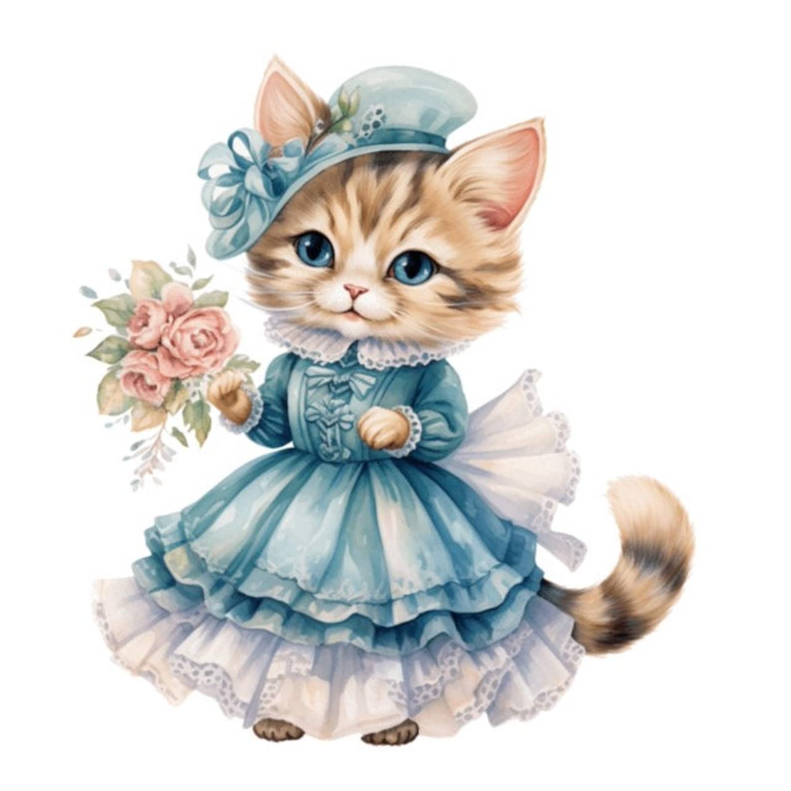 Vintage Kitty Cat Watercolor Clip Art 4 PNG Mix Media Card Making ...