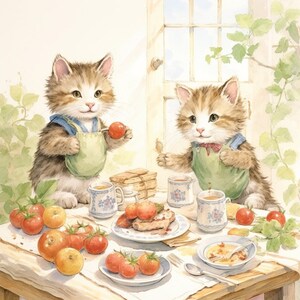 Three Kittens Having Lunch Watercolor Clip Art 4 PNG Mix Media Card ...