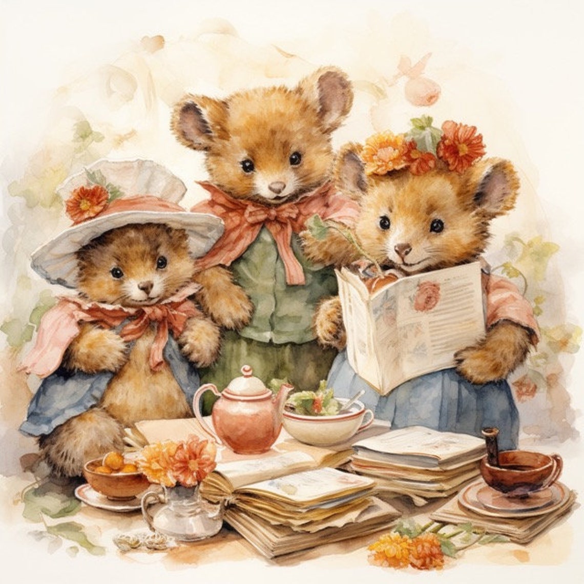 Teddy Bear Tea Time Watercolor Clip Art Sublimation Graphics 4 JPG ...
