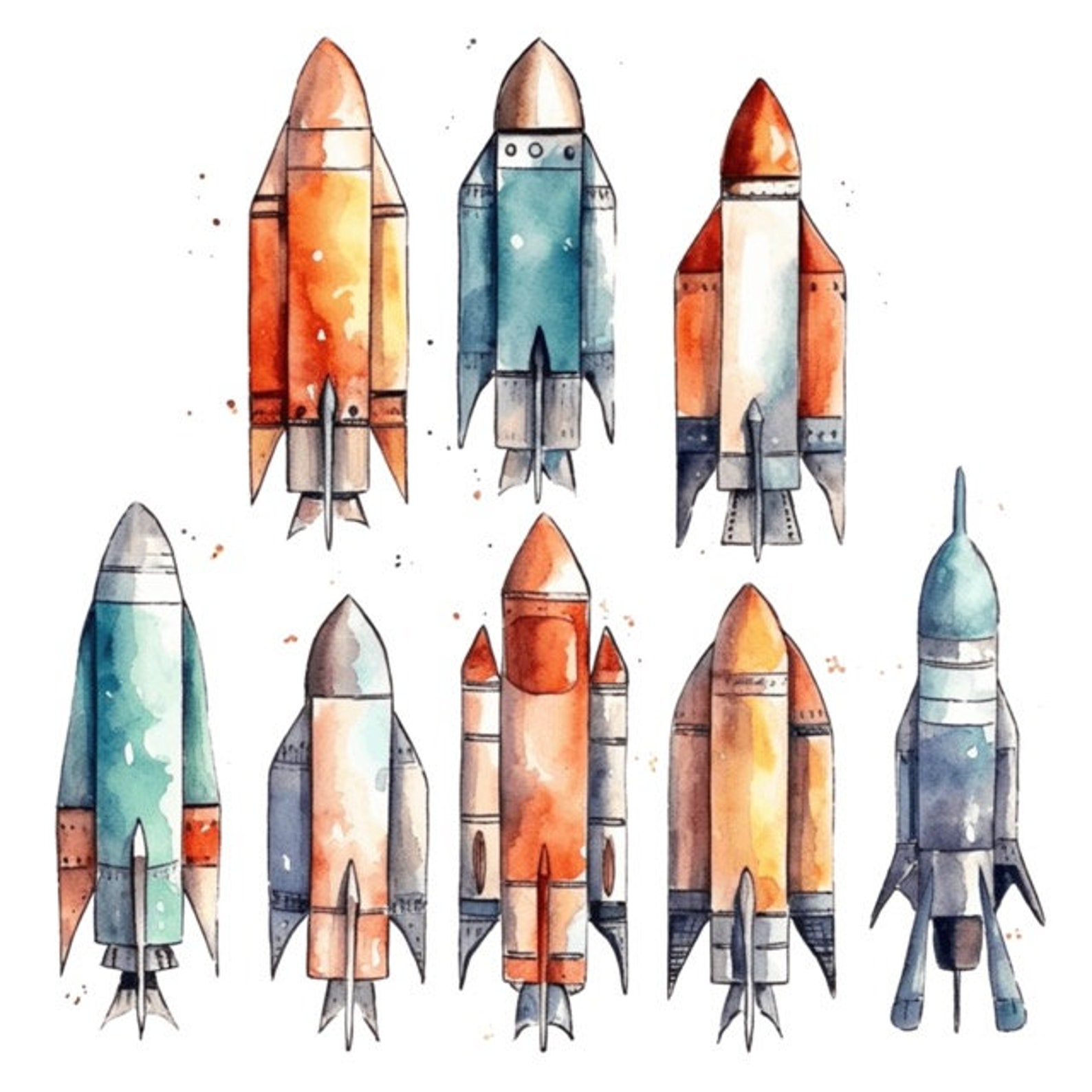 Space Rocket Ships Watercolor Clip Art Sublimation Graphics 4 PNG ...