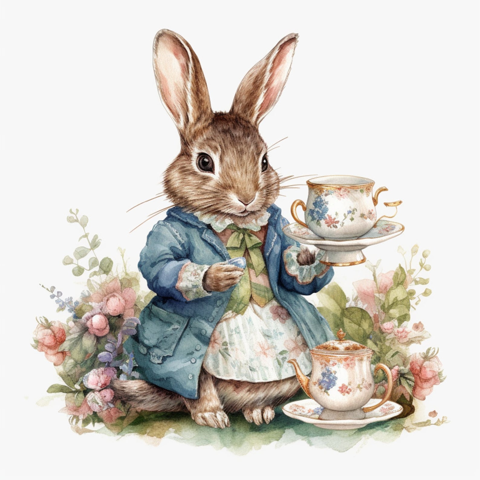 Bunny Rabbit Tea Time Watercolor Clipart, 4 High Quality PNG ...