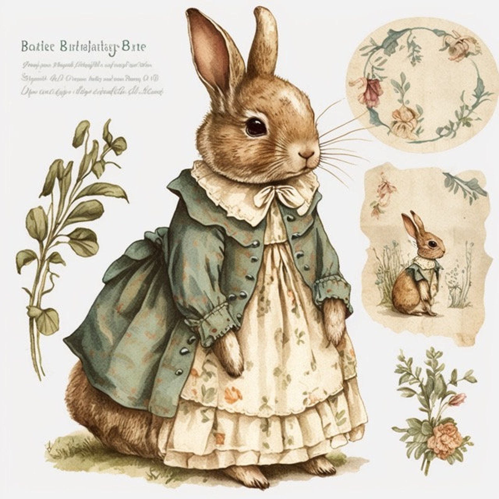 Bunny Rabbit in Vintage Clothes Clipart 8 High Quality JPG - Etsy