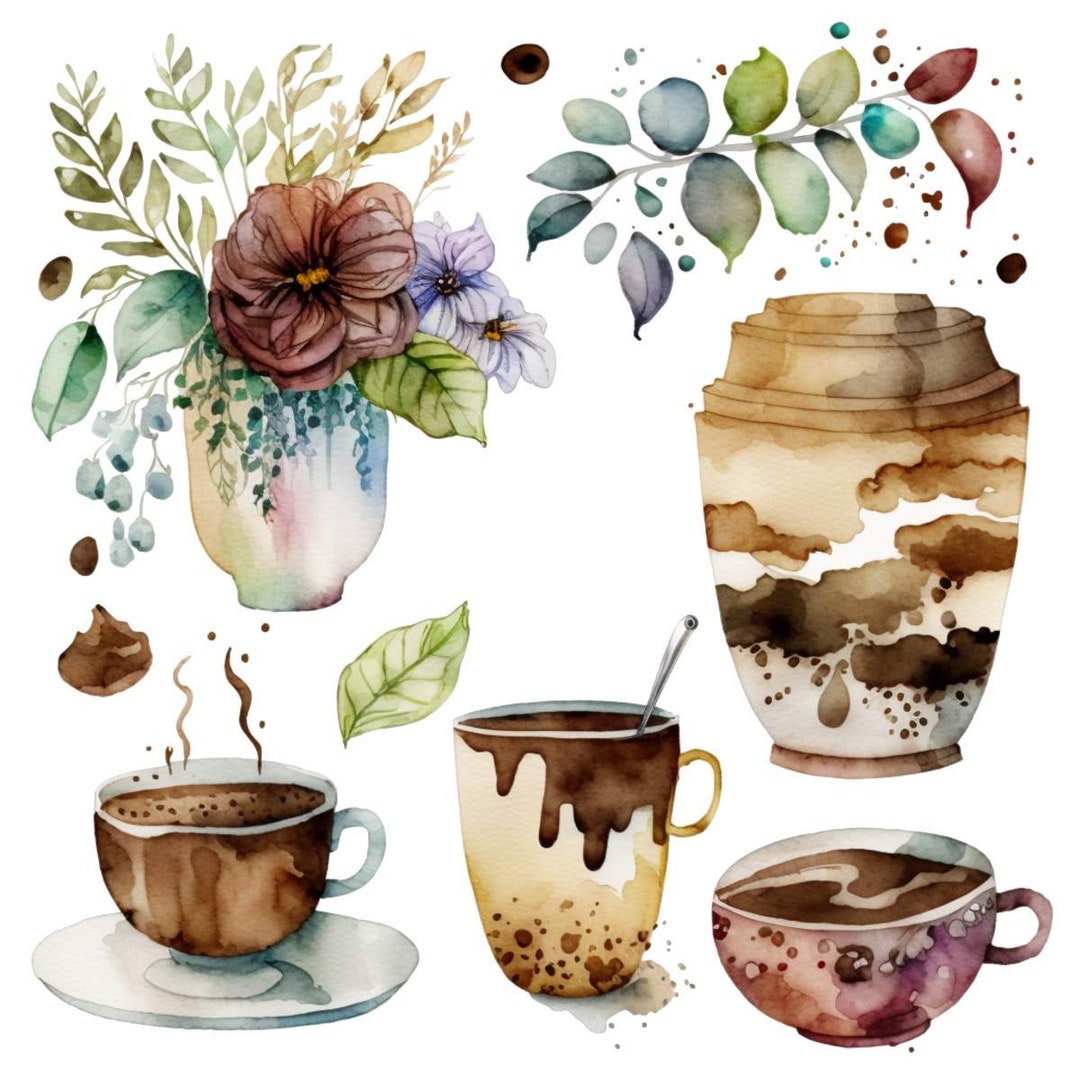 Coffee Lovers Watercolor Clip Art 4 High Quality PNG Transparent Mix ...