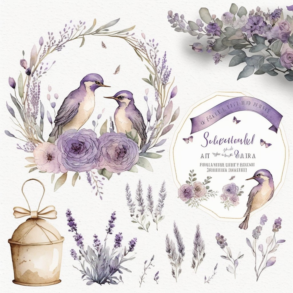 Watercolor Lavender Wedding Clip Art 8 Jpgs Card Making Mix - Etsy