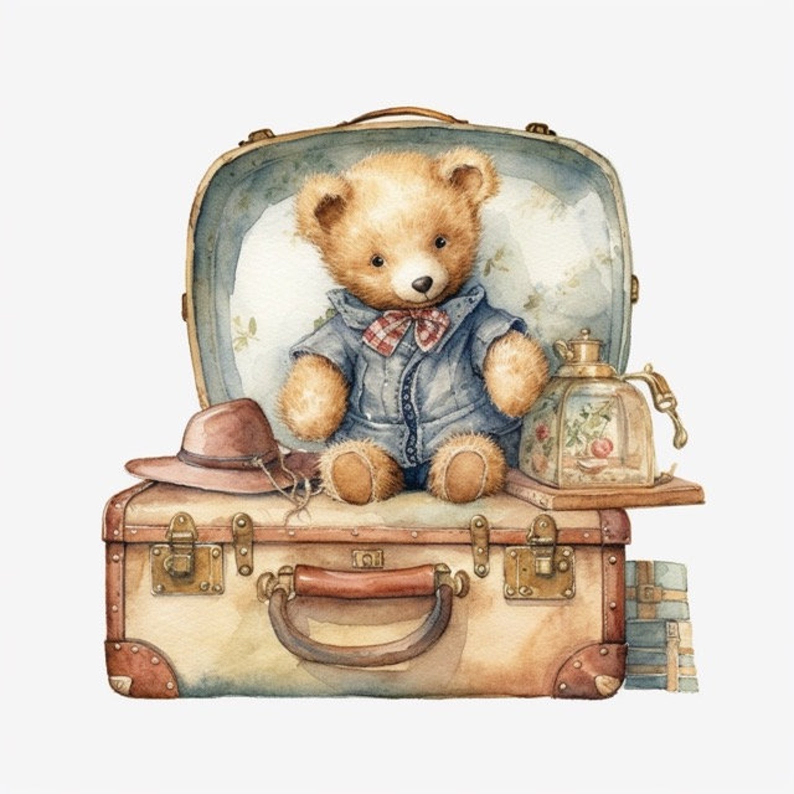 Traveling Teddy Bear Suitcase Watercolor Clipart 8 High Quality JPG ...