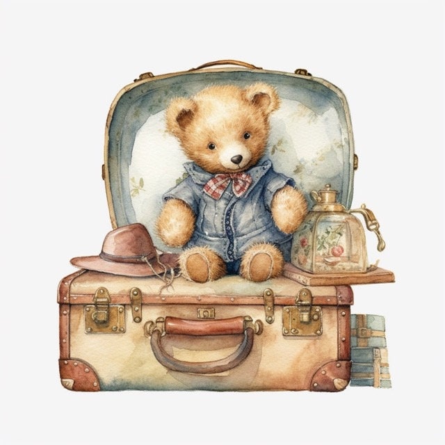 Traveling Teddy Bear Suitcase Watercolor Clipart 8 High Quality JPG ...