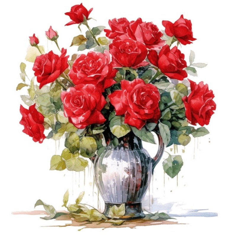 Red Roses Bouquet Floral Flowers Watercolor Clip Art 4 High - Etsy