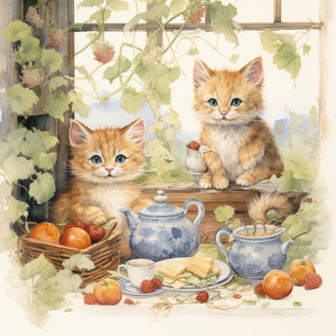 Three Kittens Having Lunch Watercolor Clip Art 4 PNG Mix Media Card ...