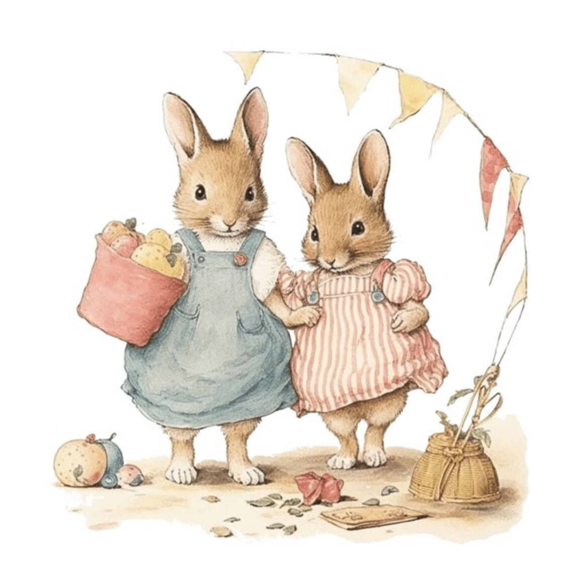 Twin Bunny Rabbits Birthday Card Watercolor Clip Art Sublimation ...