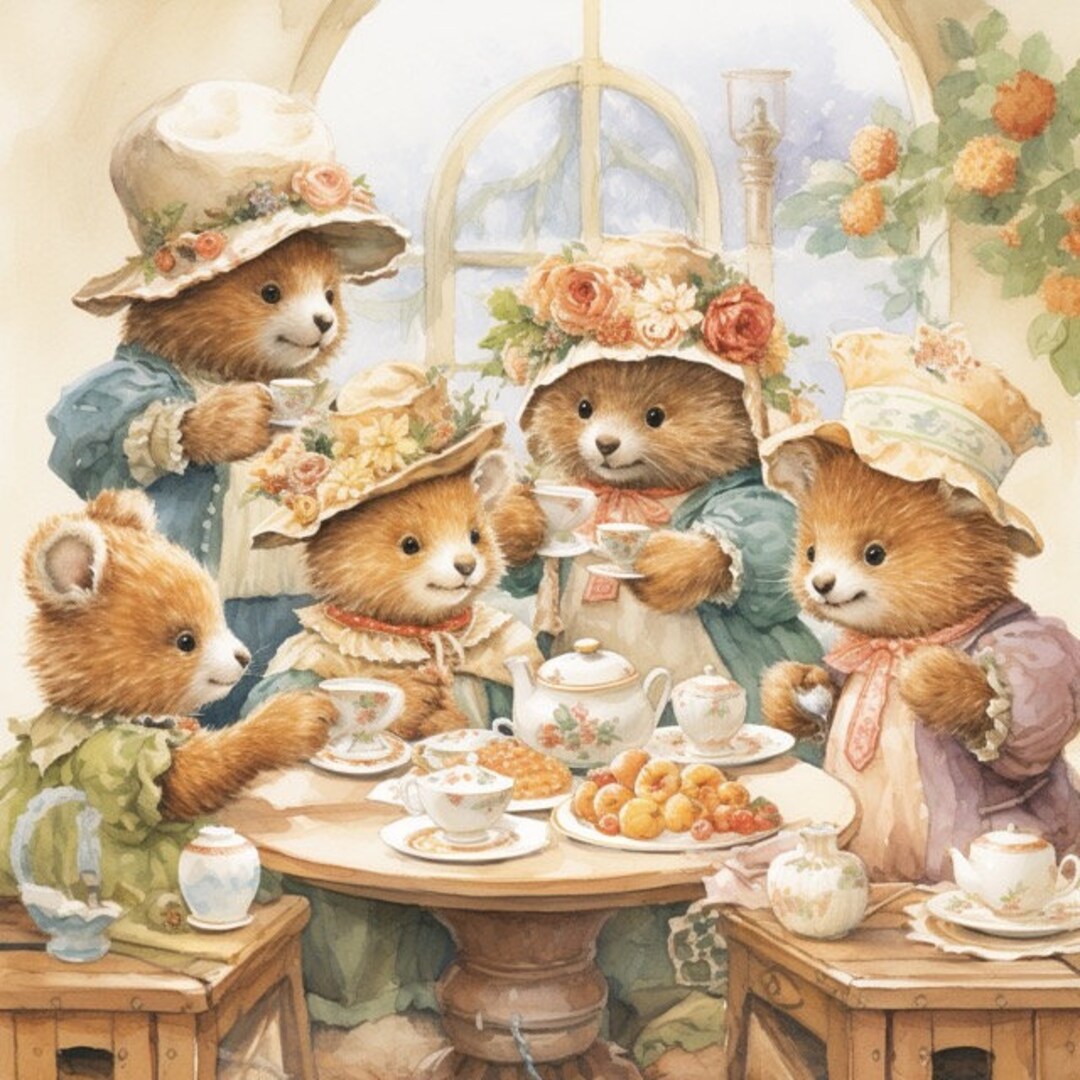 Teddy Bear Tea Time Watercolor Clip Art Sublimation Graphics 4 JPG ...